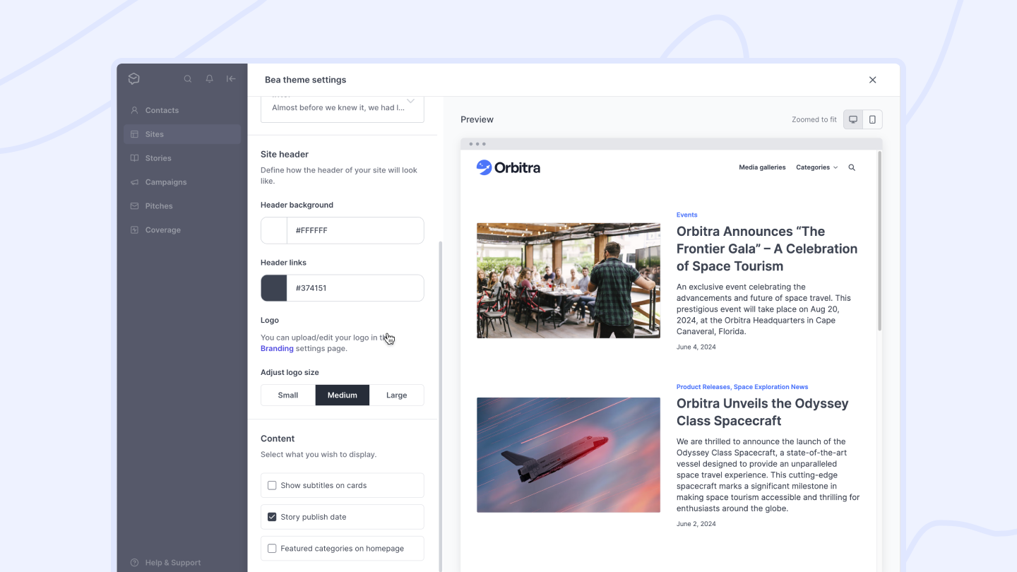 New theme settings preview and logo sizing | Changelog